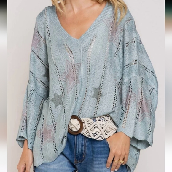 POL | Sweaters | Pol Open Weave Scalloped Sleeve Lightweight Green Blue ...